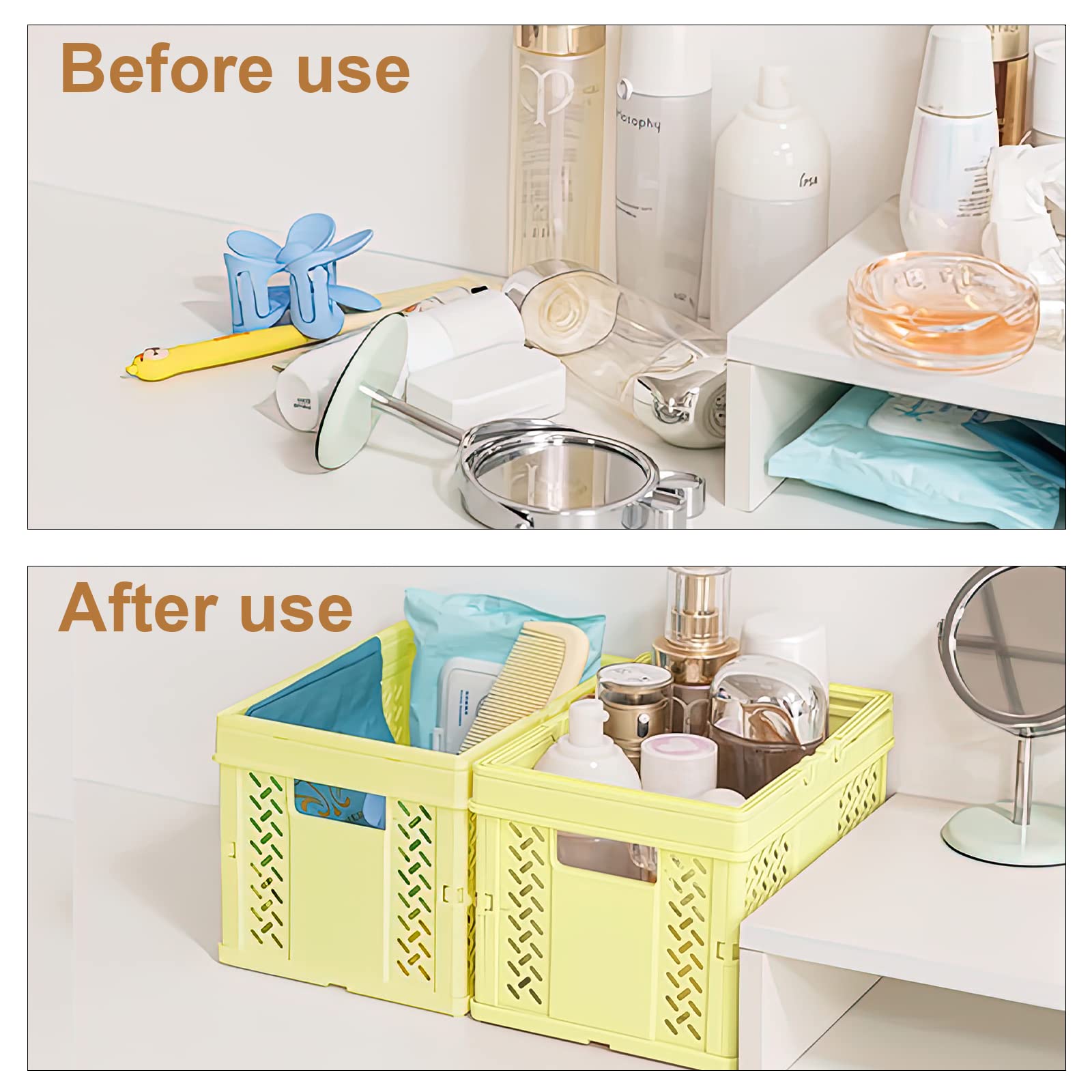 2 Pack Plastic Crate for Desktop Storage Organizing, Durable and Reliable Mini Basket with Carrying Handle, Folding Basket for Home Kitchen Classroom and Officeā¦