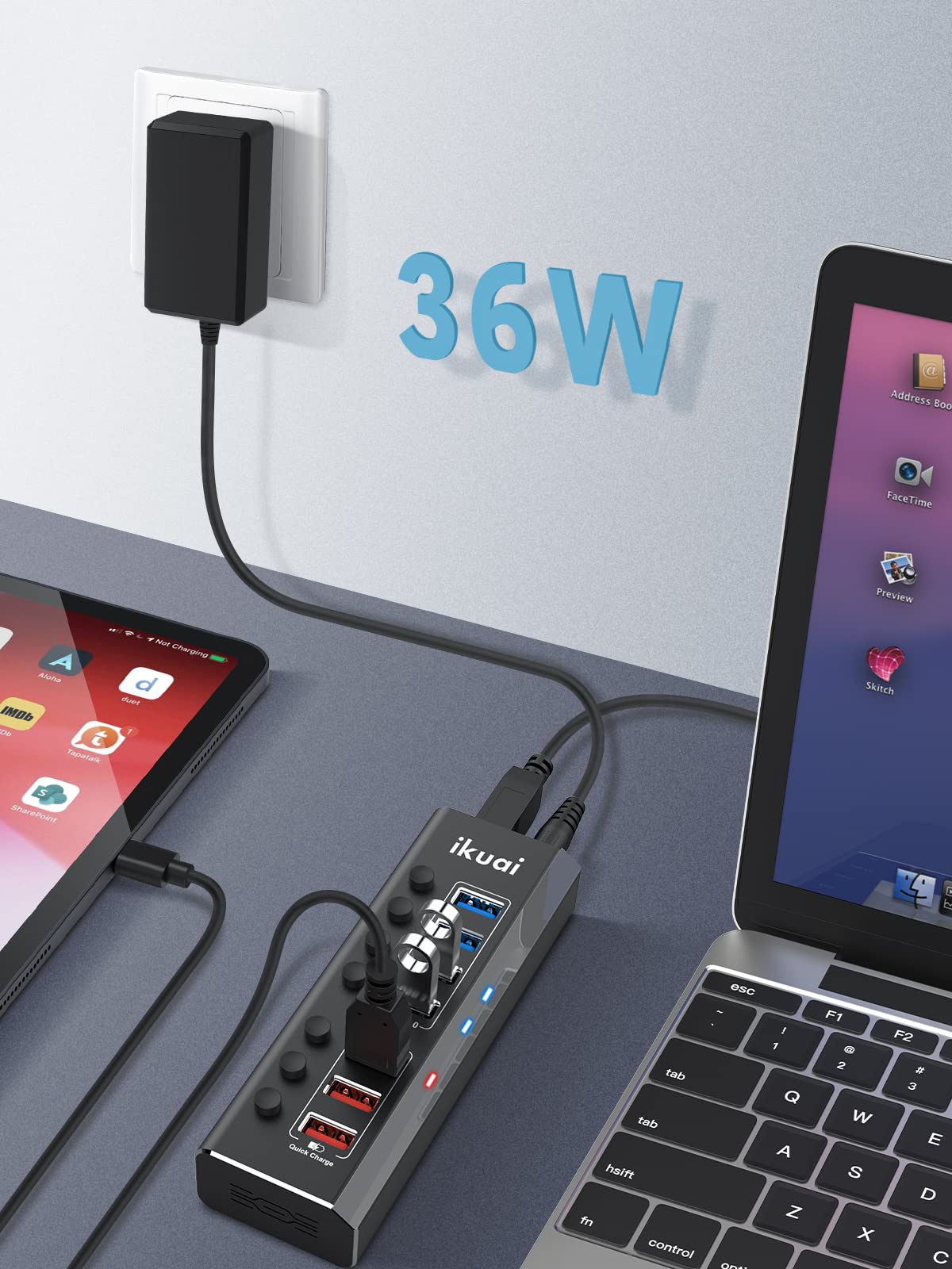 ikuai 5 Ports USB Hub with 4 USB Data Ports & 1 Fast Charging Port(12V/2A Power Adapter)+7 Ports USB Hub Aluminum with 4 USB Data Ports & 3 Fast Charging Port(12V/3A Power Adapter)