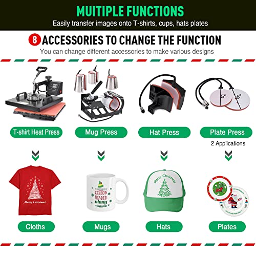 Slendor 8 in 1 Heat Press Machine 15x15 inch 360-Degree Swing Away Digital T Shirt Pressing Machine Multifunction Heat Transfer Sublimation Combo for T Shirts Mugs Hat Plate Cap
