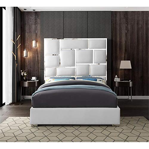 Meridian Furniture Milan Collection Modern | Contemporary Faux Leather Upholstered Bed with Custom Chrome Metal Legs and Geometric Designed Headboard, King, White