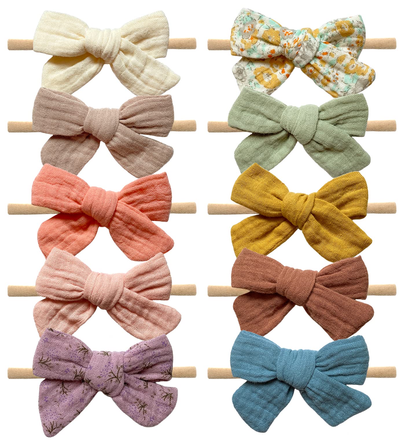 Cherssy Baby Muslin Hair Bows and Headbands, 10pcs Soft Nylon Hairbands for Newborn, Infants, Toddlers