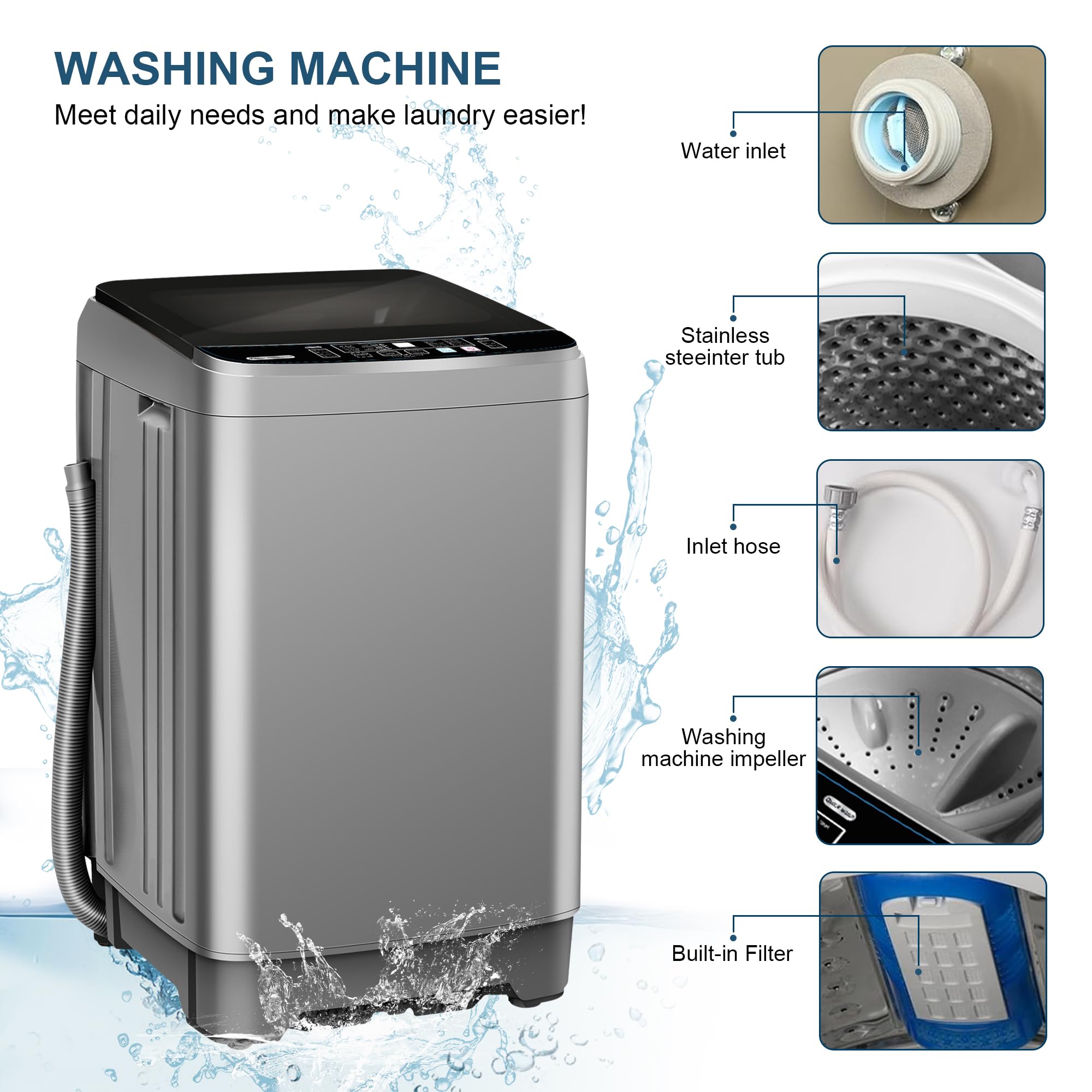 25 lbs Portable Washing Machine LED Display Full Automatic Washing Machine 10 Programs & 8 Water Levels, Come with a Glass Cover, Drain Pump Ideal for Apartment Home Dorm, Grey