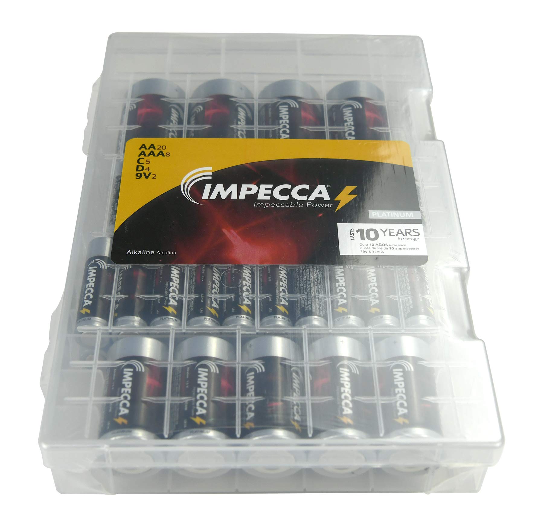 Impecca Super Alkaline Batteries AA-20 AAA-8 C-5 D-5 9Volt-2 Maximum Power 10-Year Shelf Life Long Lasting Batteries Combo Pack with Battery Storage Box Organizer, 39 Batteries Variety Pack