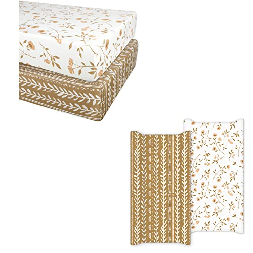 2 Pack Fitted Crib Sheets and Changing Pad Covers for Girl, Soft and Comfortable, Retro Brown Flower