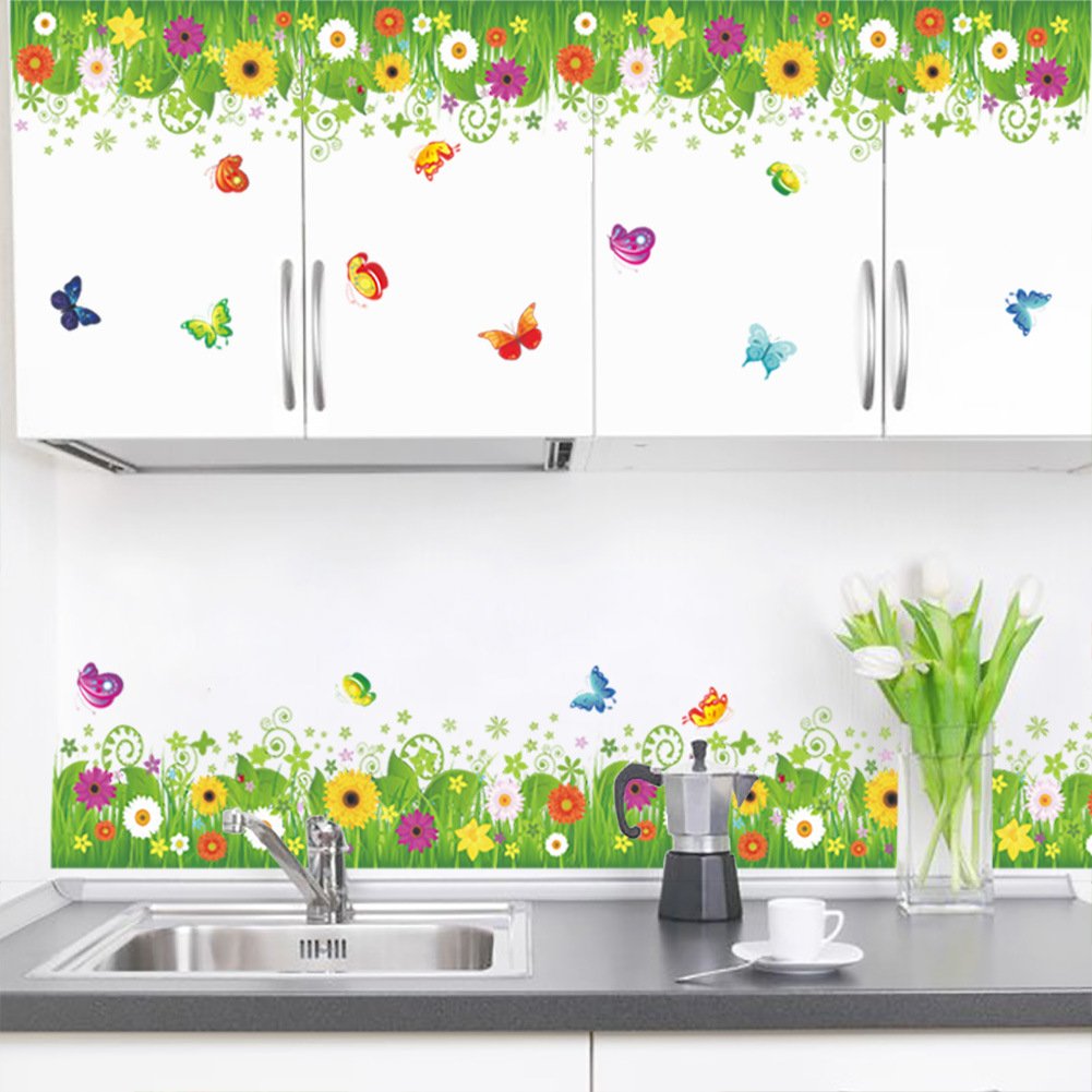 Amaom® Removable Beautiful Green Sunflower Flowers Grass with Flying Butterfly Wall Decals Murals Home Art Decor Peel Stick Wall Stickers for Wall Corner Kids Room