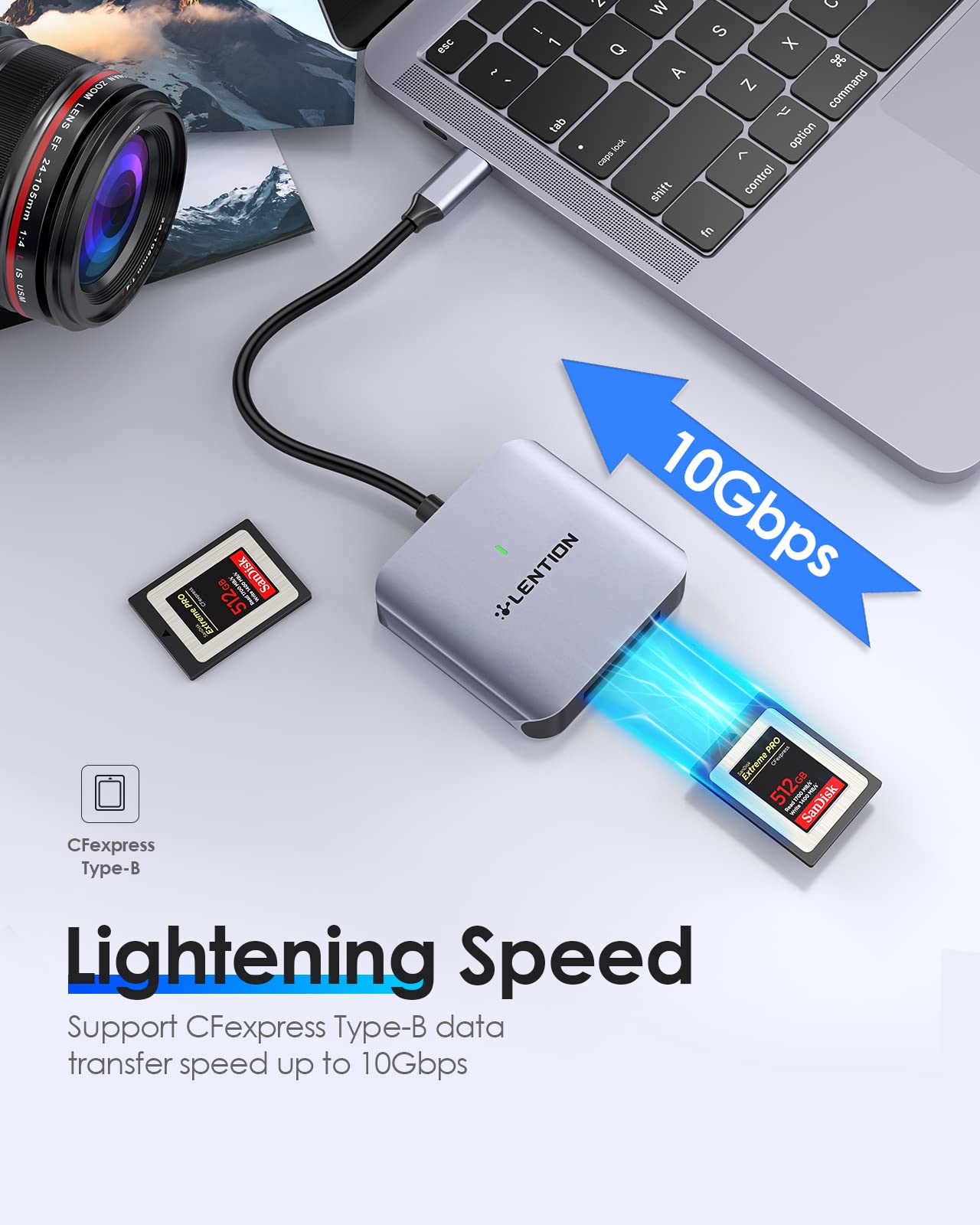 LENTION USB 3.2 Gen 2 10Gbps CFexpress Tyep B Card Readers, Portable Aluminum Memory Card Adapter, Support for Thunderbolt 3/4 Port, for Professional Filmmakers, Photographers(C9CR)