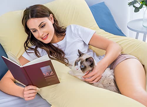 AngQi Pregnant Pillows for Sleeping, Pregnancy Belly Pillow with Cooling Cotton Cover - Support for Back, Hips, Legs, Belly for Pregnant Women Sleeping - Yellow Cream
