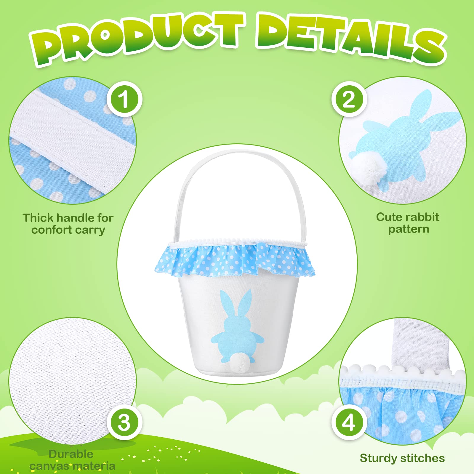 4 Pieces Canvas Easter Basket Bunny Easter Baskets for Kids Candy Egg Bags Fluffy Tails Printed Easter Bucket Cute Personalized Kids Basket Rabbit Bunny Easter Basket Tote for Carrying Presents Eggs