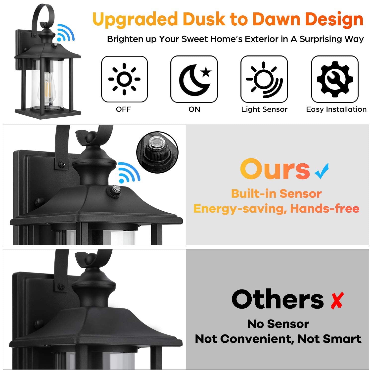 2-Pack Dusk to Dawn Sensor Outdoor Wall Lantern, Exterior Wall Mount Light Fixture with E26 Base Socket, 100% Anti-Rust Aluminum Waterproof Porch Light, Clear Glass Matte Black Wall Sconce for Doorway