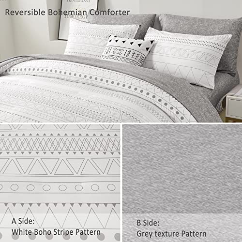 Boho Comforter Set Queen,7 Pieces Bed in a Bag White Grey Comforter Geometric Bedding Set Bohemian Soft Microfiber Queen Size(1 Comforter,2 Pillowcases,1 Flat Sheet,1 Fitted Sheet,2 Pillow Shams)
