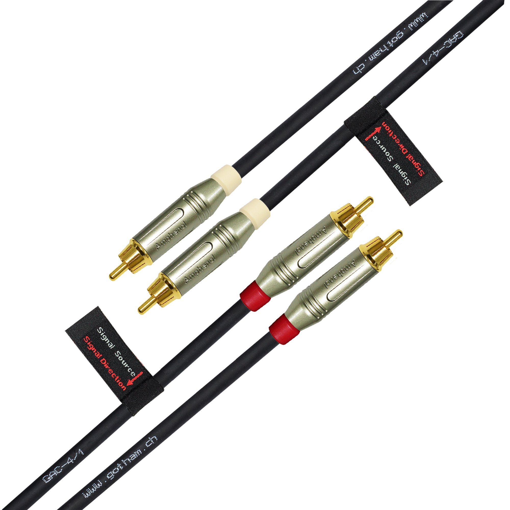 18 Foot RCA Cable Pair - Gotham GAC-4/1 (Black) Star-Quad Audio Interconnect Cable with Amphenol ACPR Die-Cast, Gold Plated RCA Connectors - Directional