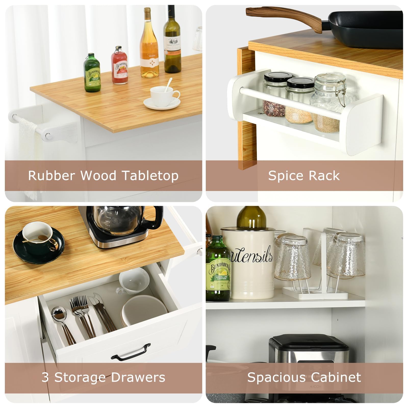 4 EVER WINNER Kitchen Island Cart with Drop Leaf & 3 Drawers, 43β Kitchen Island with Storage Cabinet on Wheels, Spice Rack, Towel Rack, Rolling Kitchen Island Table Breakfast Bar for Kitchen, White