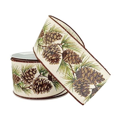 2.5" Faux Linen Wired Pinecone Ribbon by Celebrate It Christmas