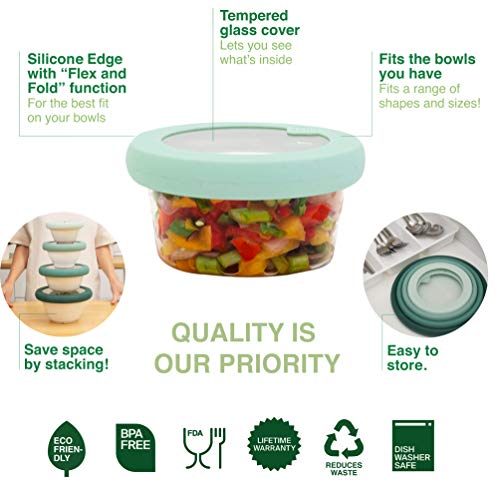 Food Huggers Replacement Lids for Glass Storage Containers Silicone & Glass Lids that Don’t Crack | Fits Round Container Brands & Bowls | 100% Plastic Free | 4 Lid Set (XS,S,M,L), Gradual Green