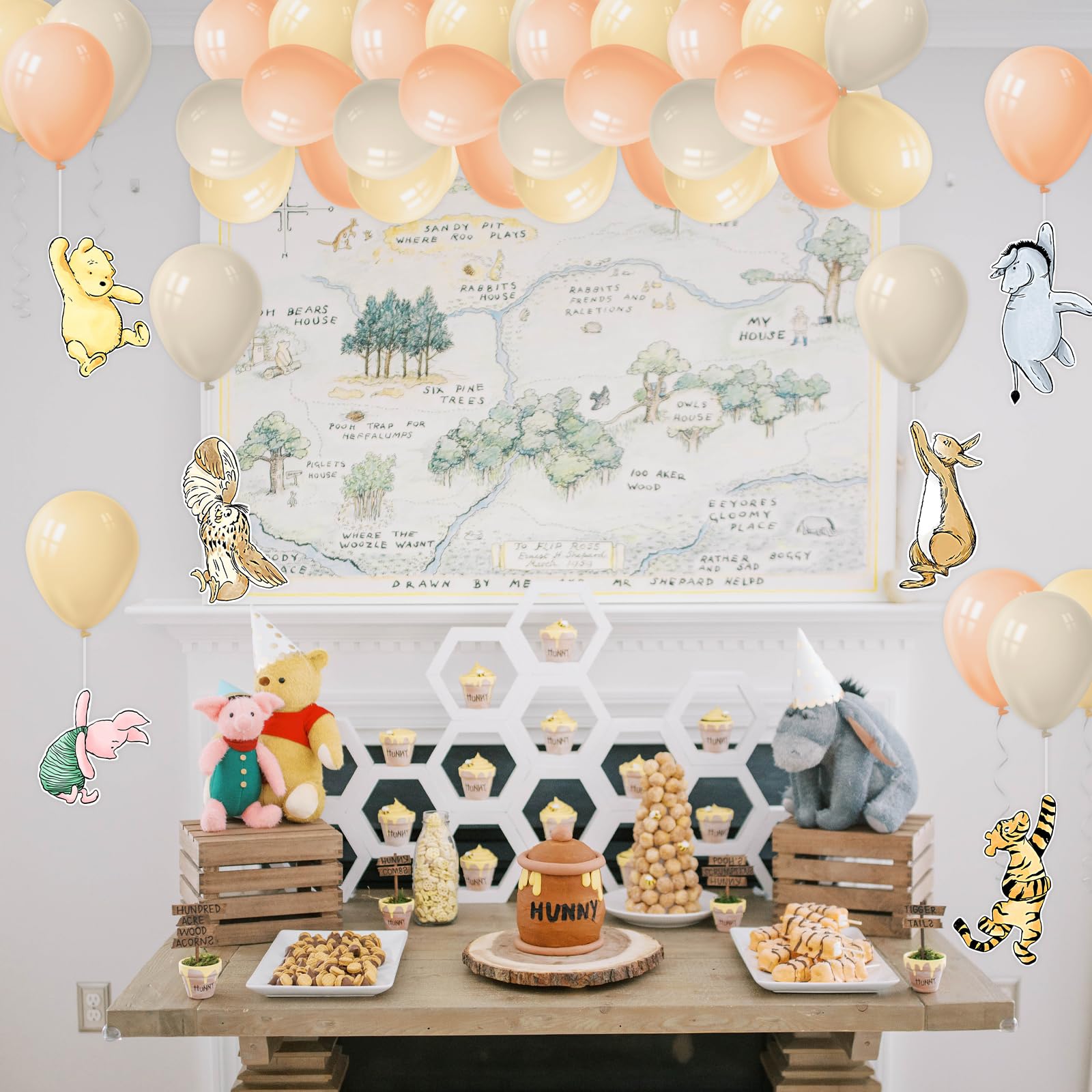 18 Pcs Classic Winnie Themed Hanging Decorations with Balloons - Baby Shower Birthday Party Supplies Set Nursery Decor