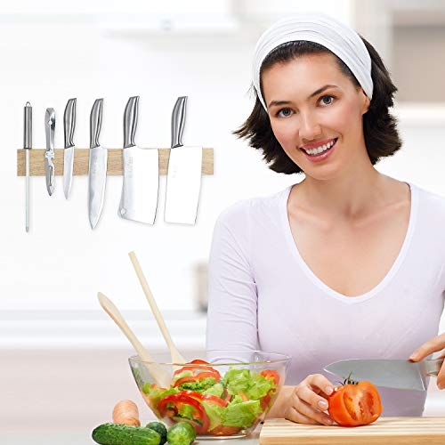 MIAOHUI Ecofriendly Wood Magnetic Knife Strip, Kitchen Magnet Knife Holder for Wall, Magnetic Knife Bar with Multipurpose Use as Knife Rack, Kitchen Utensil Holder and Organizer (13 inches)