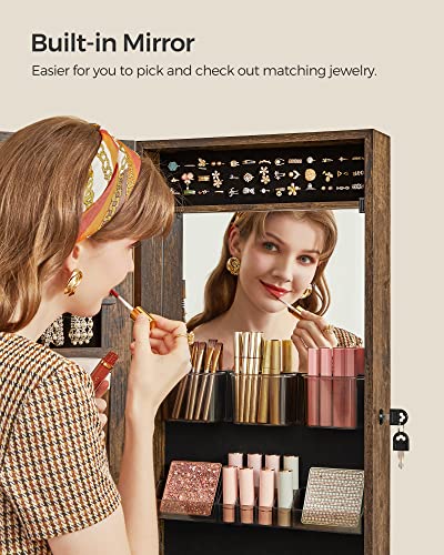 SONGMICS Jewelry Cabinet Armoire, Wall/Door Mount Storage Organizer with Full-Length Mirror, Lockable Cabinet with Built-in Small Mirror, Shelves, Gift Idea, Rustic Brown UJJC003X01
