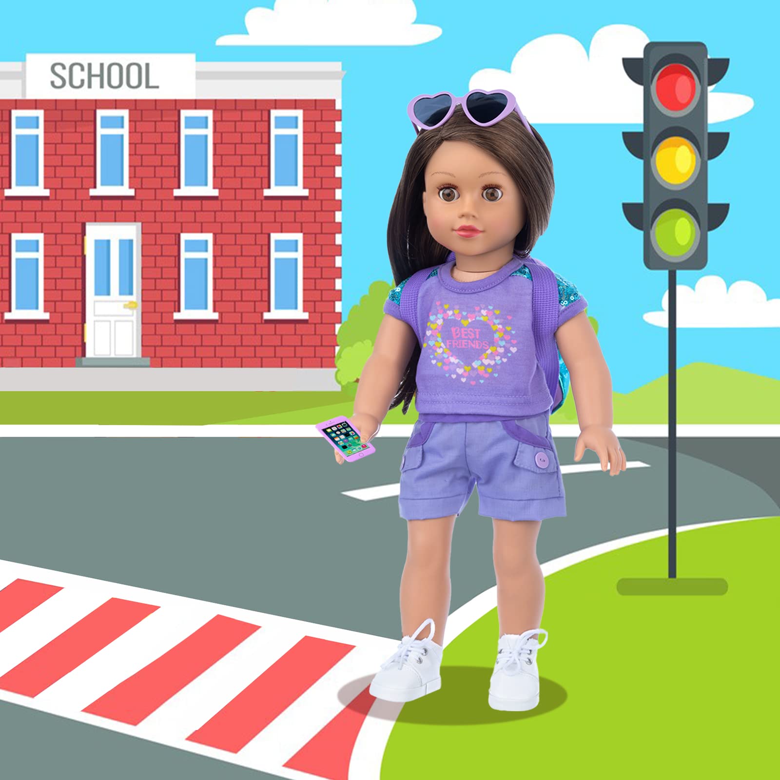 18 Inch Girl Doll Clothes and Accessories School Supplies Playset with Doll Clothes,School Bags, Sunglasses, Pencils, Pencil Sharpener, Notebooks, Phone, Hair Clip, Stickers (No Doll)