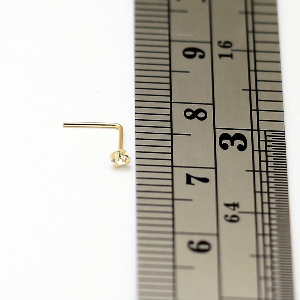 14K Yellow Gold Claw Set 2.5MM Clear Round Crystal Stone 22 Gauge L Shape Nose Stud Piercing Jewelry