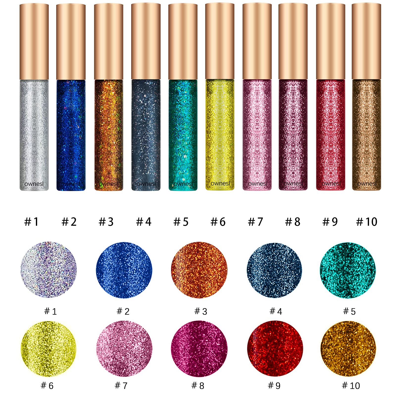 Ownest 10 Colors Liquid Glitter Eyeliner Set, Metallic Shimmer Glitter Eyeshadow, Long Lasting Waterproof Shimmer Sparkling Eyeliner Eye Shadow-10pcs(B)