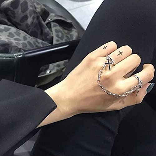17Pcs Adjustable Punk Chain Rings Set, Vintage Knuckle Gothic Rings Set Alloy Biker Obsidian Chain Open Rings, Stackable Hollow Carved Finger Rings Midi Rings Joint Jewelry for Women (Silver)