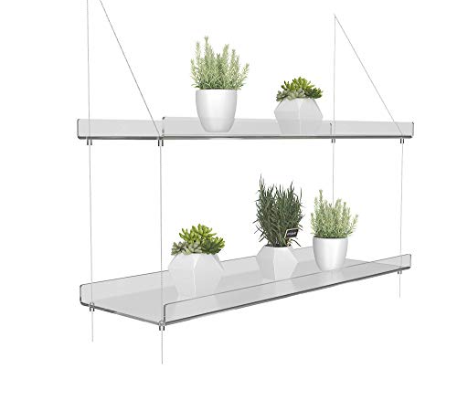KUNZITE Hanging Shelves Transparent Wall Floating Shelves Organizer Displays Storage Rack Home Decor for Windows or Living Room Bedroom Bathroom Kitchen (2 Shelves, 20"x6"x34")