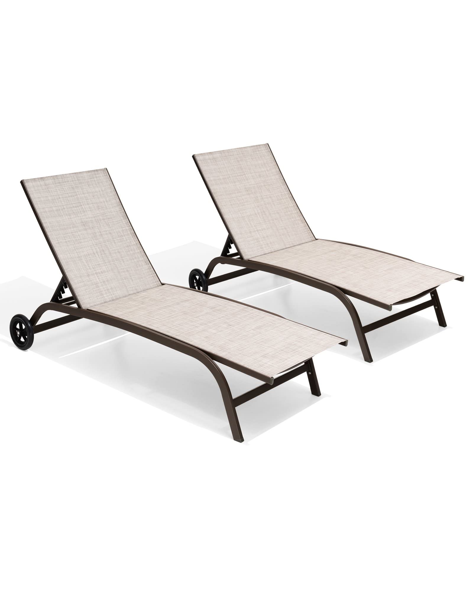 Crestlive Products Aluminum Chaise Lounge Chairs with Wheels Outdoor Adjustable Recliner Five-Position and Full Flat All Weather for Patio, Beach, Yard, Pool (2PCS Beige)
