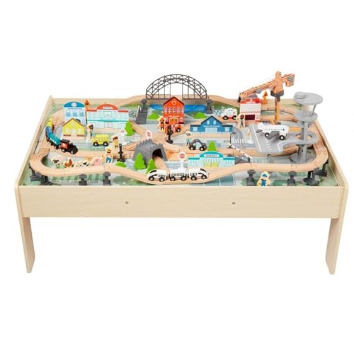 Amazon Basics 120 Piece Wooden Train Set and Table-kids Gift for Age 3Y+, Multi, 48.62 x 18.07 x 7.01 inches