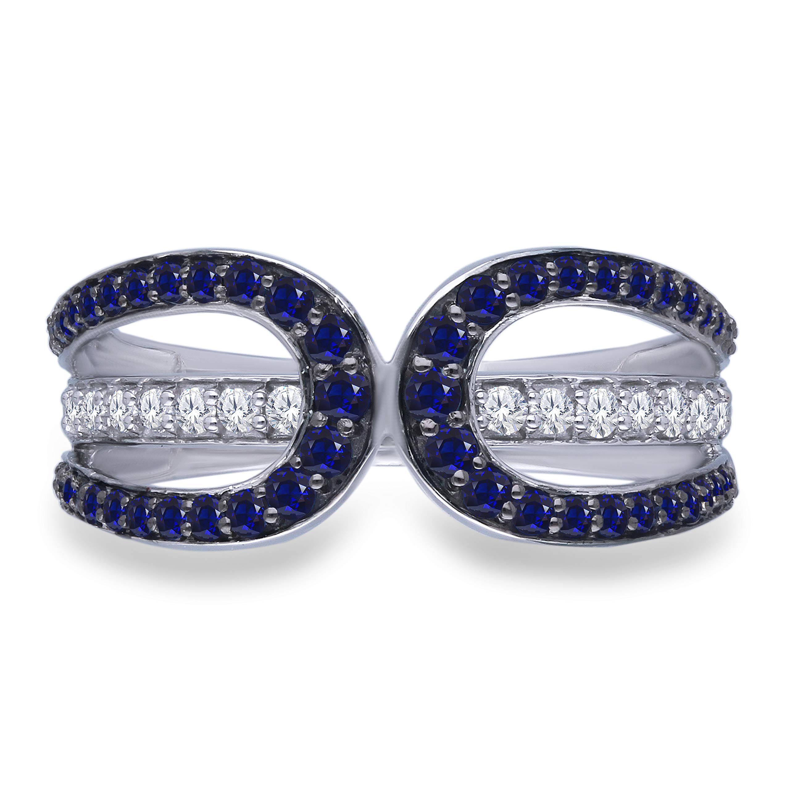14K White Gold Sapphire and 1/4 Cttw Round Diamond Three Band Pavé Ring (G-H Color, SI1-SI2 Clarity) - Size 7