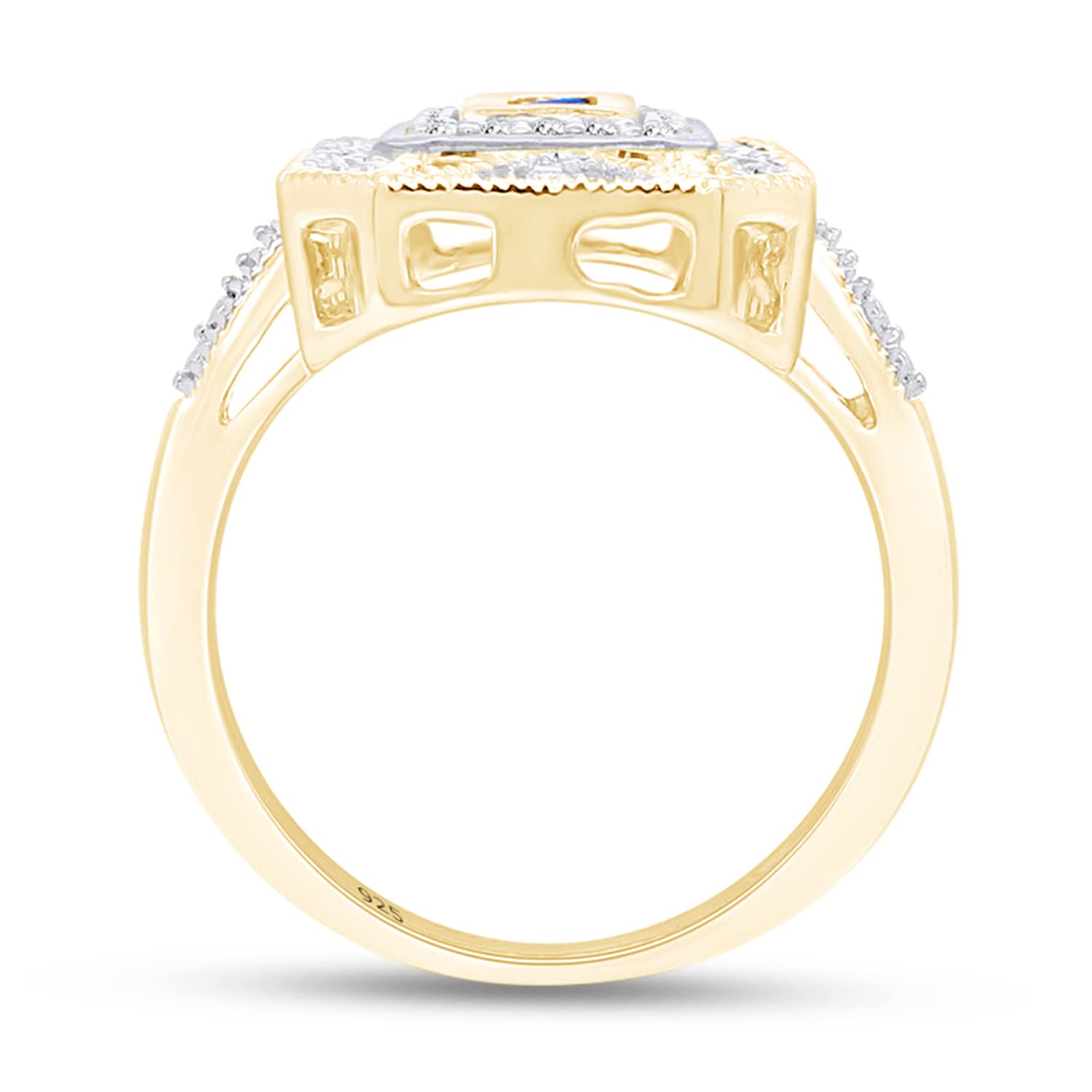 14K Yellow Gold Over Sterling Silver Simulated Blue Sapphire & Diamond Accent Art Deco-Style Ring (1/10 cttw, I-J Color, I3 Clarity) Ring Size-7