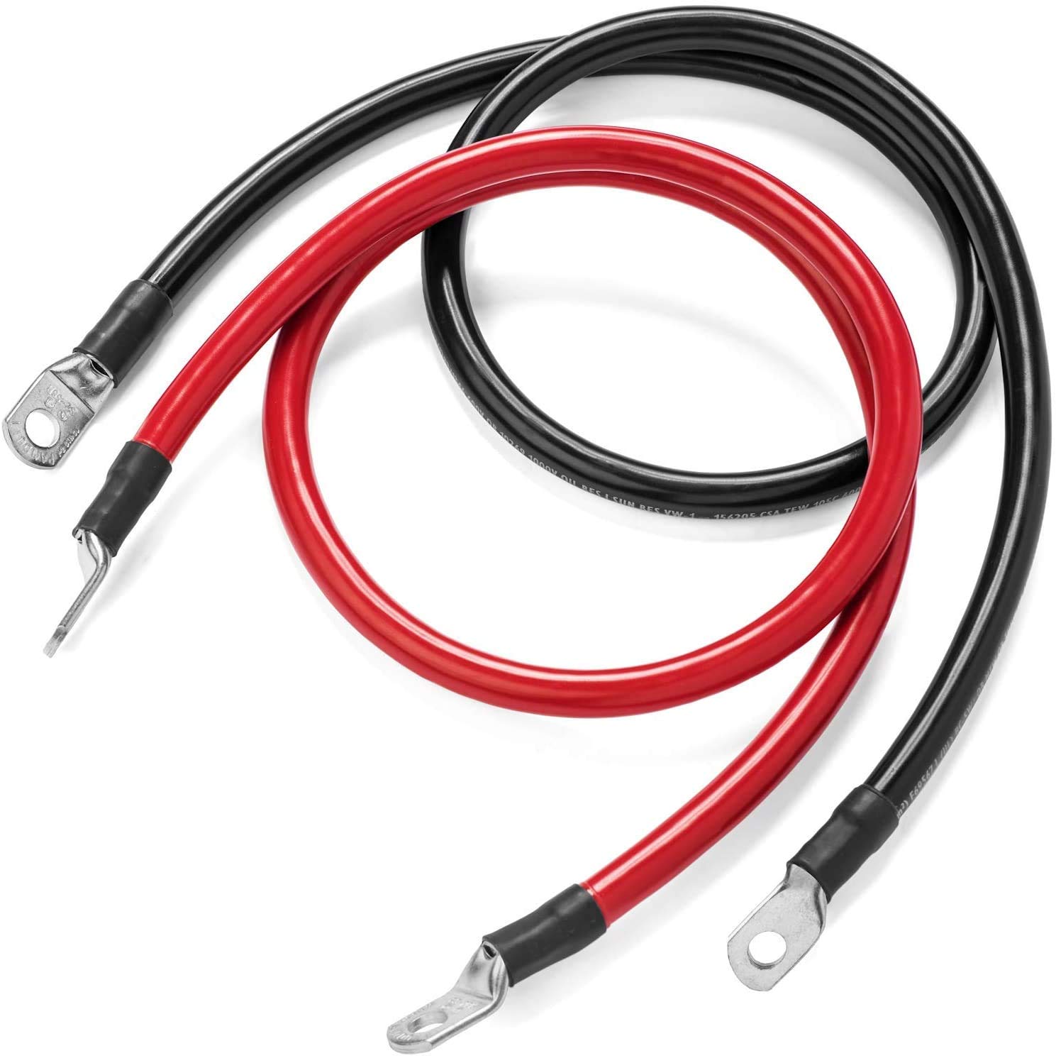 2 AWG Gauge Red + Black Pure Copper Battery Inverter Cables Solar, RV, Car, Boat 4ft 3/8 + 5/16 in Lugs