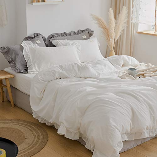 4 Pieces Vintage Stone Washed Cotton Bedding Sets Girls Princess Ruffle Duvet Cover Pillowcases Full Queen Size Bed Sheets White/Pink/Sage Green/Grey (41YS-1-White, Queen Size 4pcs)