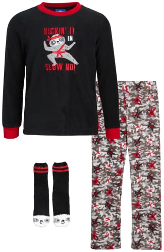 ONLY BOYS Toddler Boys’ Pajama Set - 3 Piece Long Sleeve Shirt and Sleepwear Joggers (Toddler), Size 8-10, Red/Black Kickin Sloth