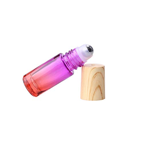 5pcs 5ml(1/6 oz) Essential Oil Roller Bottles,Metal Roller Balls Colorful Gradient Oils Roll on Bottles with Wood Grain Cap Glass Empty Refillable Fragrance Perfume Essential Oil Glass Roller Bottles
