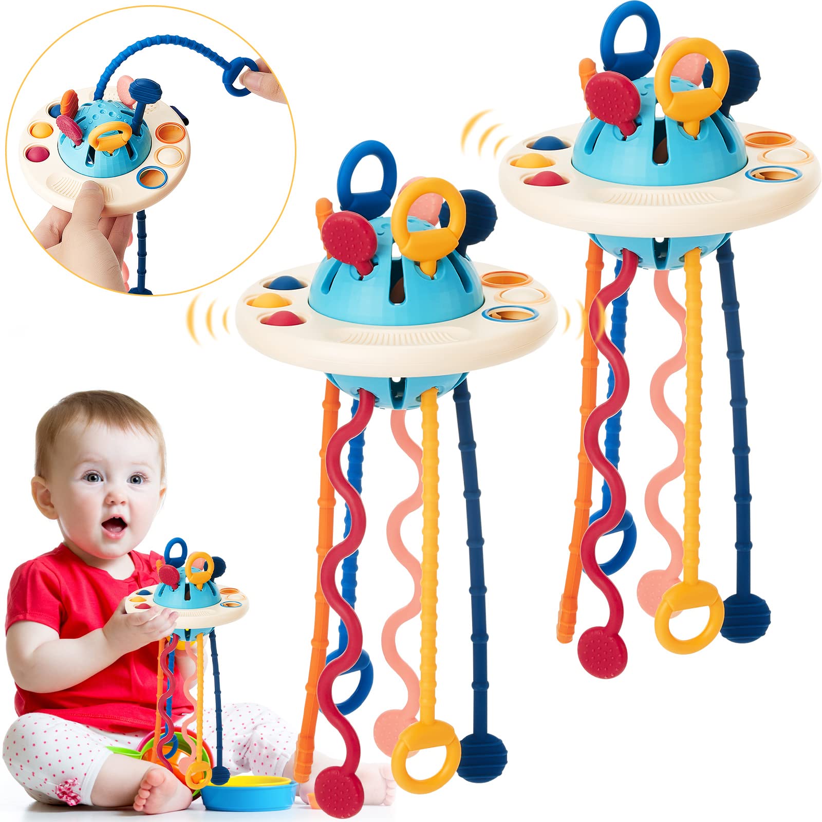 2 Pcs Silicone Pull String Interactive Toy UFO Silicone Pull Activity Toy Baby Montessori Toys Sensory Toys for Toddlers Early Development Learning Silica Gel Toy Fine Motor Skills