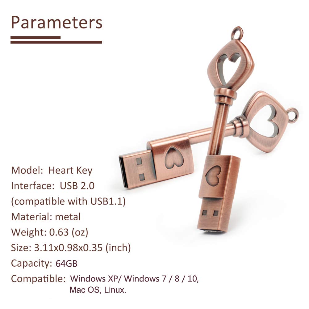 64GB USB 2.0 Flash Drive, BorlterClamp Memory Stick Retro Metal Love Heart Key Shaped Thumb Drive