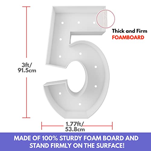 3FT Marquee Light Up Numbers Pre-Cut Frame Giant Marquee Numbers 5, Mosaic Numbers for Balloons, 15th 25th 50th 65th Birthday Decorations for Women Men, 50th Anniversary Decorations, Party Decor