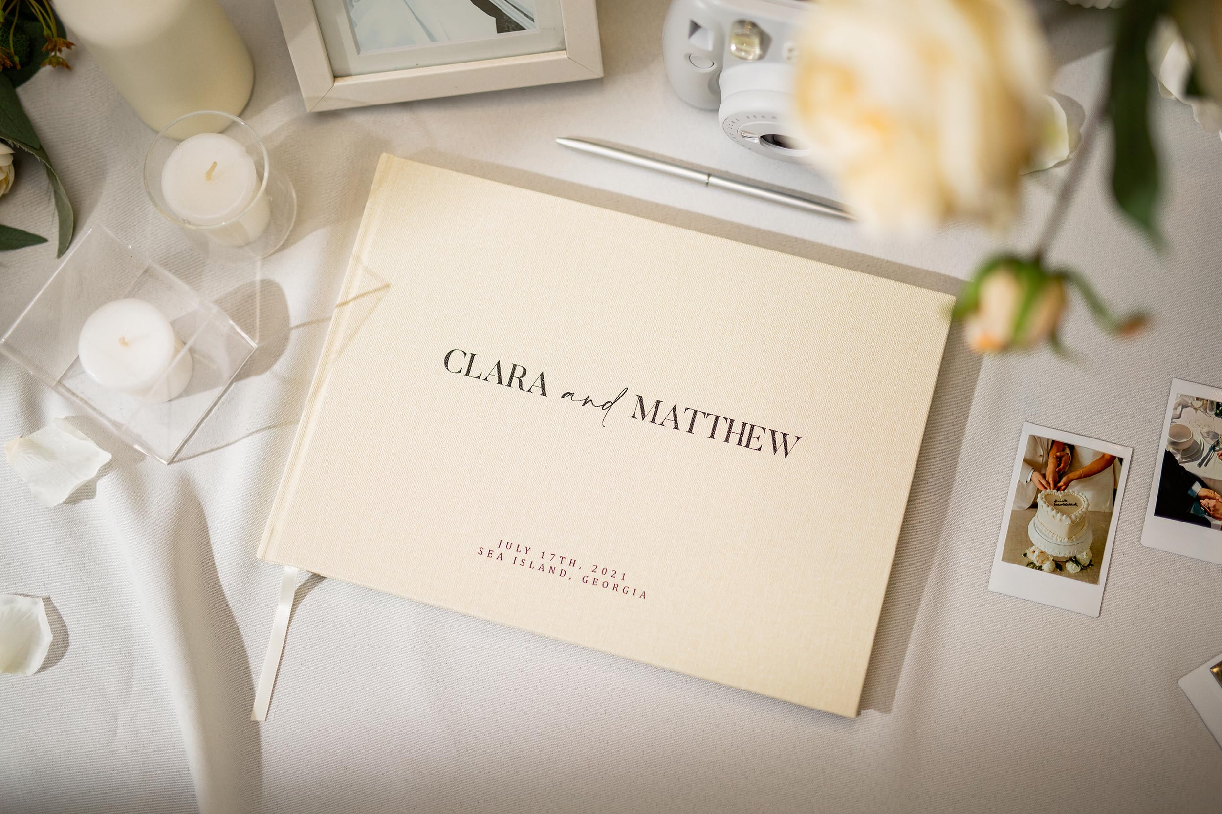 Personalized Guest Book - 11.5" x 8.5" Premium Custom Guest Signing Book with Bookmark and Blank Pages for Wedding Reception Table Decoration Engagement Birthday Party Event, Cream