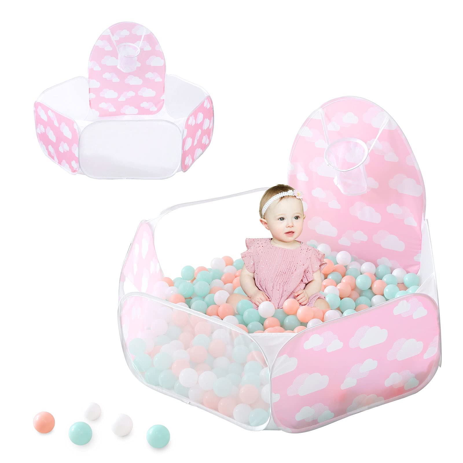Ball Pit for Toddlers ,Babies Pop Up Play Tent, Kids Large Ball Pits with Basketball Hoop and Zipper Storage Bag, Popular Gifts for Boys Girls Cats Dogs Pets Birthday Xmas,Balls no Inlcuede,Cloud Pink
