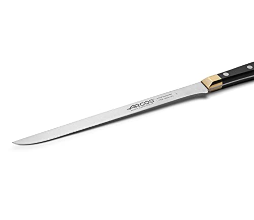 ARCOS Carving Knife 10 Inch Stainless Steel. Ham Slicer Knife for Cutting Ham and Meat. Ergonomic Polyoxymethylene Handle and 250mm Blade. Series Regia. Color Black/Gold