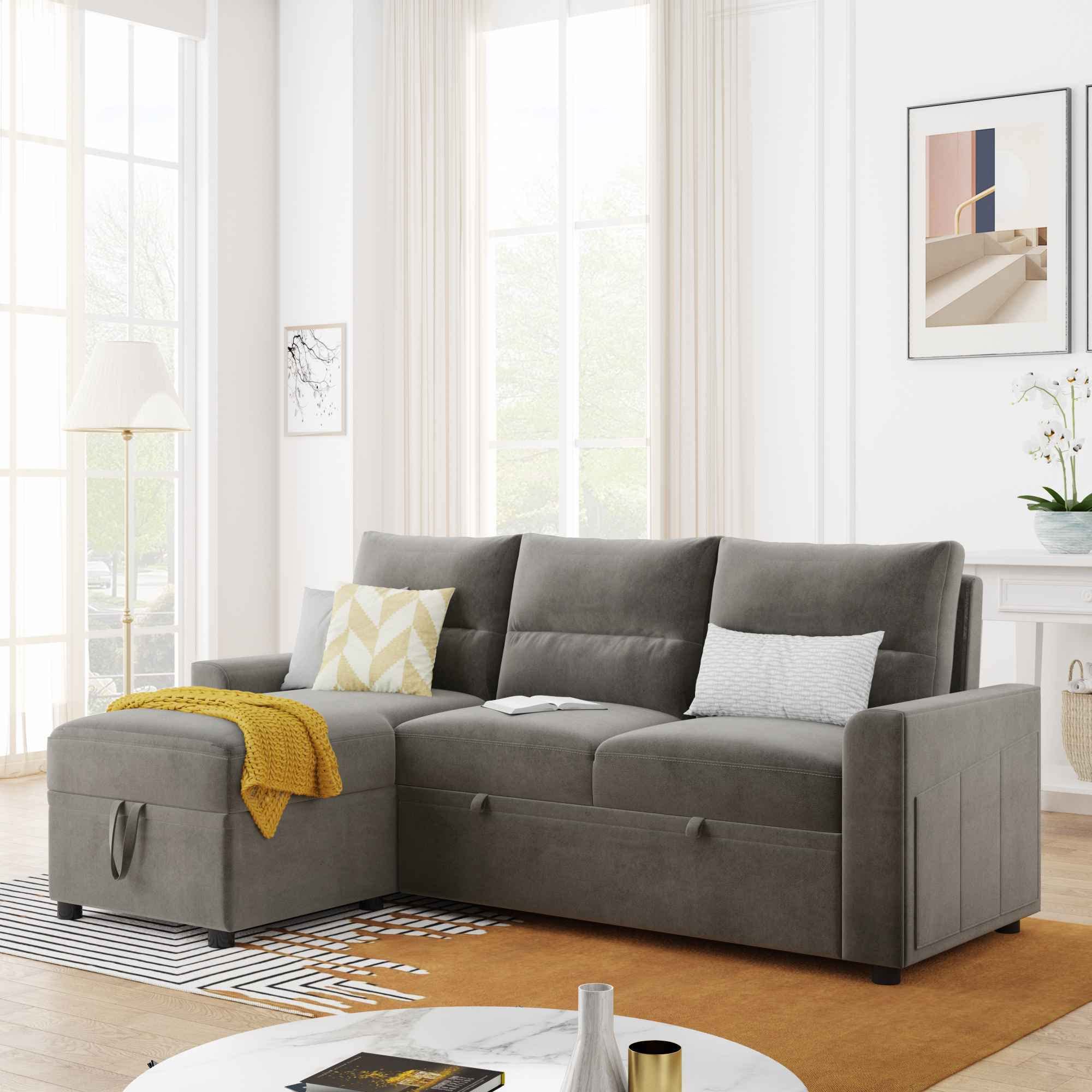 ATY Reversible Sectional Sofa Bed with 2 Pull-Out Sleepers, L-Shape Corner Couch with Storage Chaise, 3 Seat Both Left Right Handed with loveseat, 82.1 Grey Brown