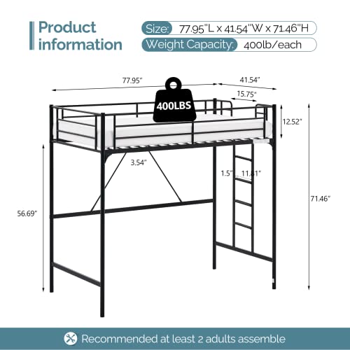 Bonnlo Metal Loft Bed with Stairs and Flat Rung, Junior Loft Bed Twin Size High Loft Bed for Kids/Teens/Adults, No Box Spring Required, Black