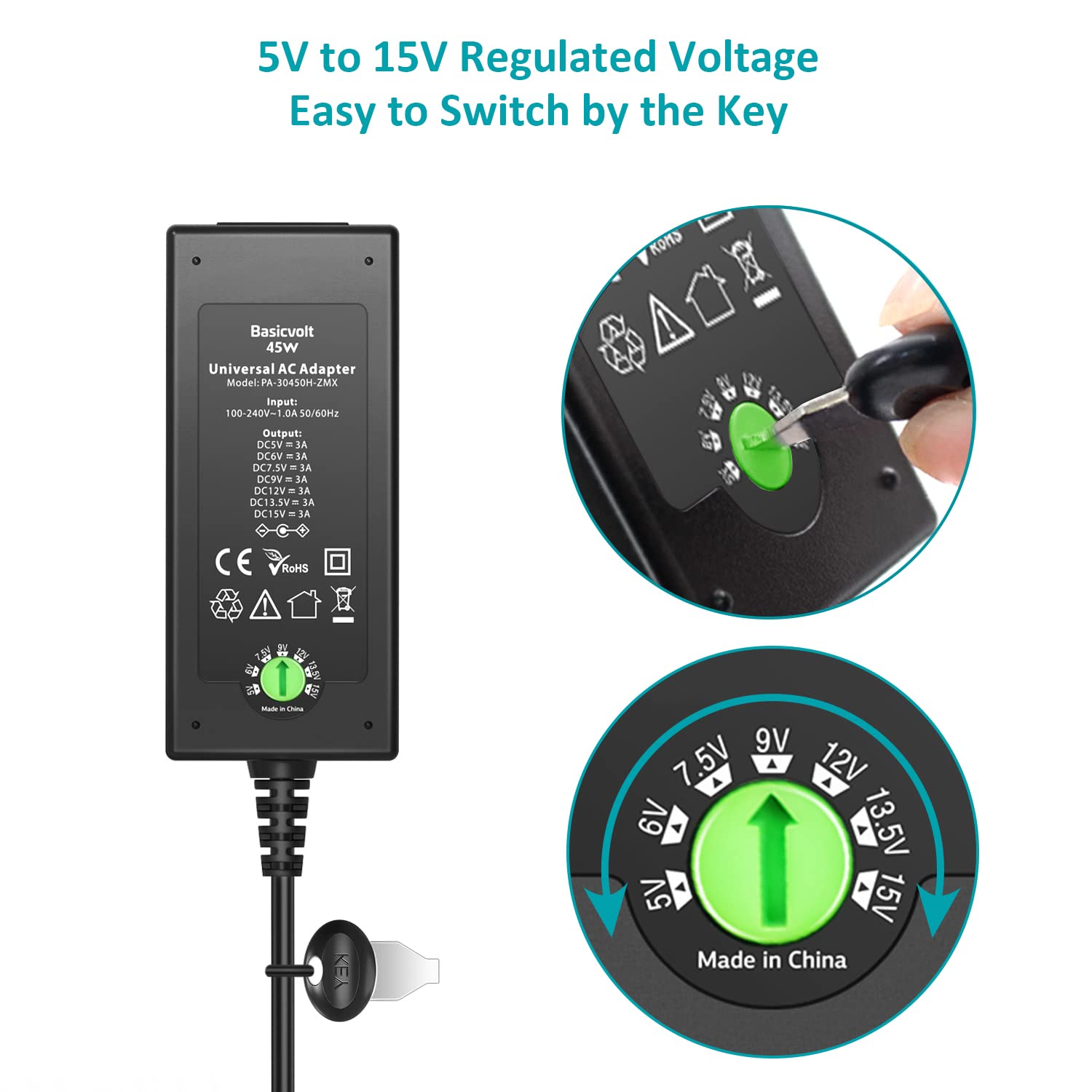 Basicvolt Universal AC Adapter 15V 13.5V 12V 9V 7.5V 6V 5V 3A 2.5A DC Power Supply for 5 to 15 Volt Household Electronics, 45W Max