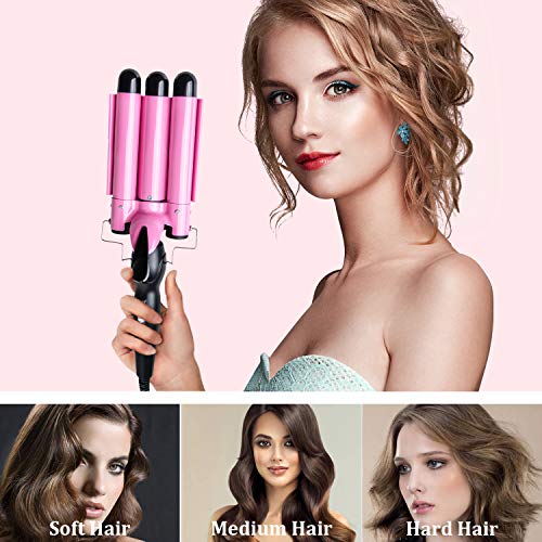 3 Barrel Curling Iron-Dual Voltage Hair Crimper,1 Inch Ceramic Tourmaline with Temperature Adjustable Hair Waver Style Tool(Pink)