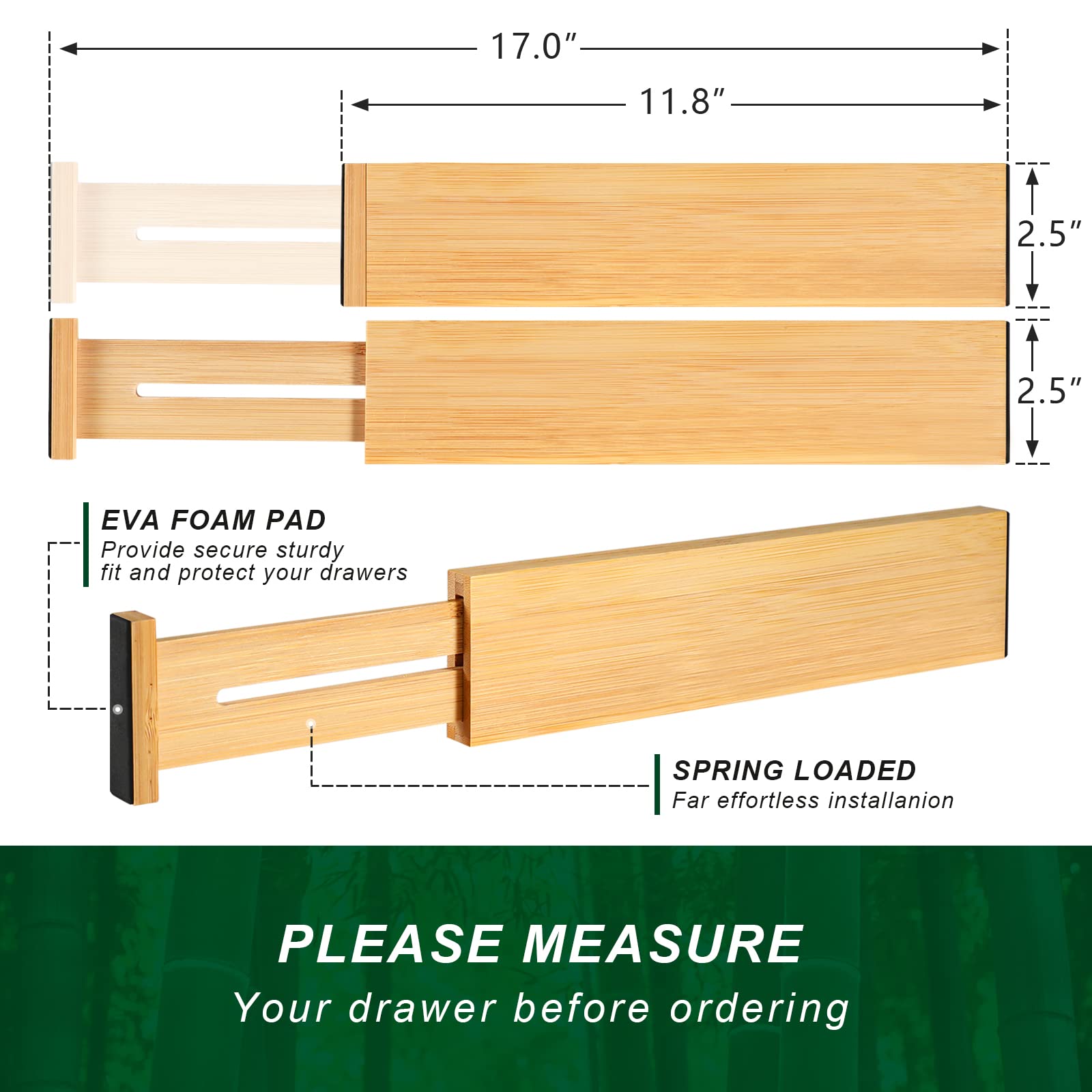 4 Pack Bamboo Drawer Dividers, Adjustable Length from 12 Inch to 17 Inch, Expandable Kitchen Drawer Organizer, Drawer Organization Separators for Clothes, Kitchen, Bedroom, Dresser, Office (Beige)