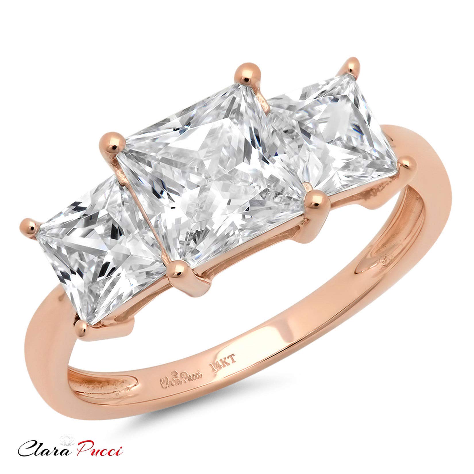 2.62 Ct Princess Cut Clear Simulated Diamond 14K Rose Gold Solitaire with Accents 3 Stone Engagement Promise Ring Sz 5.75