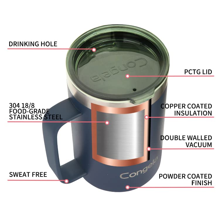 Congela 18oz stainless steel coffee mug, vacuum insulated coffee travel mugs set with Big handle, large capacity cups with BPA free clear lid(Navy,18oz X 2Pack)