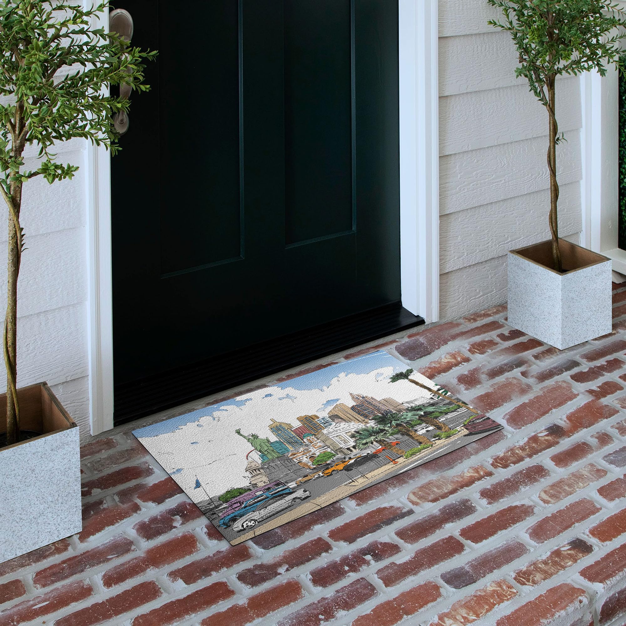 Ambesonne Landscape Doormat, Tropical Island Beach Caribbean Atlantic Ocean Scenery Artwork Print, Decorative Polyester Floor Mat with Non-Skid Backing, 30" X 18", Blue Marigold