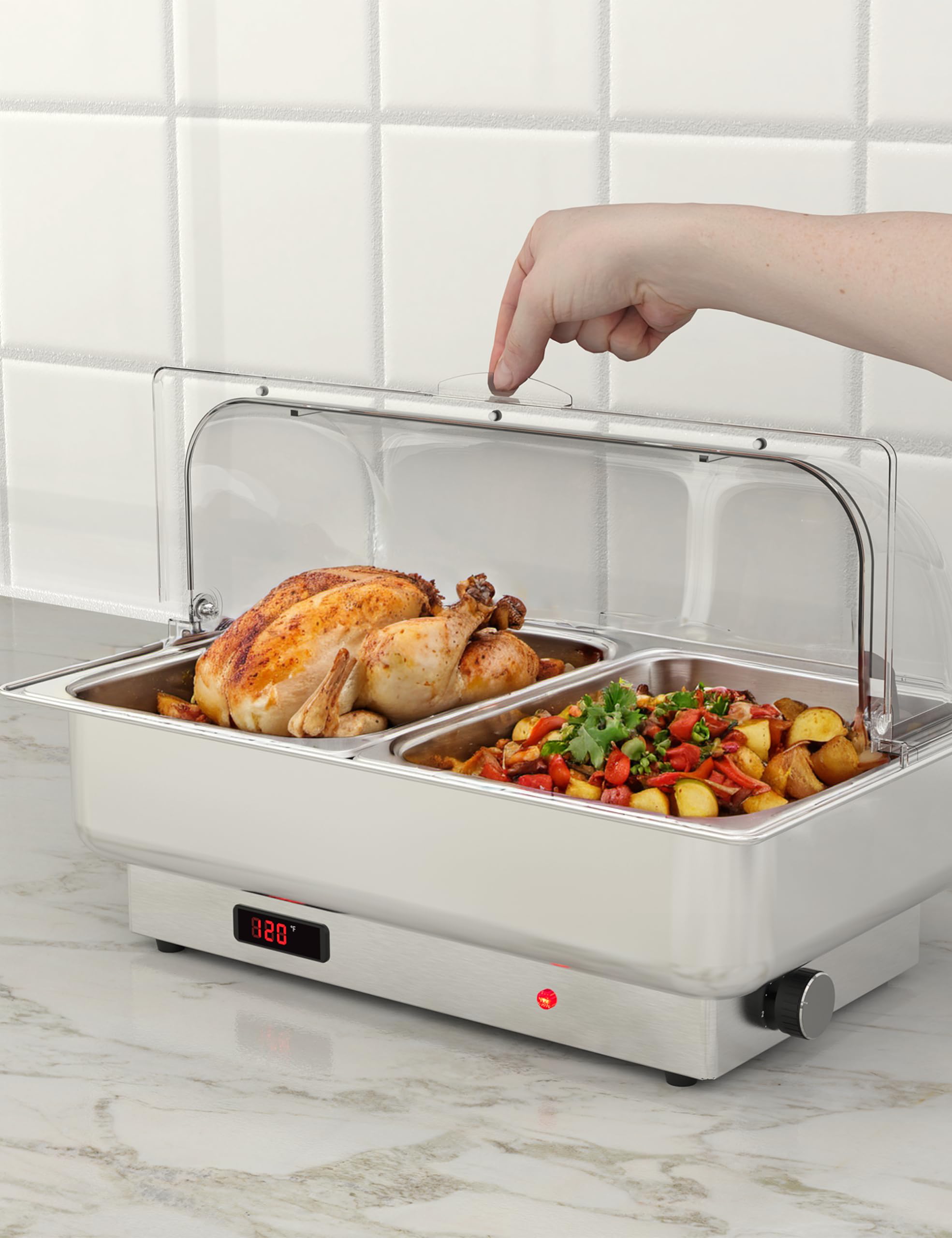 Takywep Rectangular Chafing Dish Electric Buffet Set with Temperature Control, 2 x 4.5QT Half-Size Stainless Steel Food Servers and Warmers with Transparent Lid for Catering Wedding and Parties