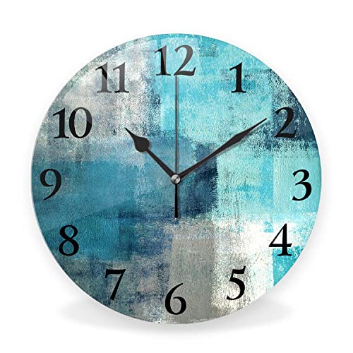 ACOZUHSE Abstract Art Wall Clock, Turquoise Grey Modern Wall Clocks of Silent Non-Ticking Decorative, Battery Operated 9.8"x9.8" Round Wall Clock for Kitchen Living Room Bedroom Office Wall Decor